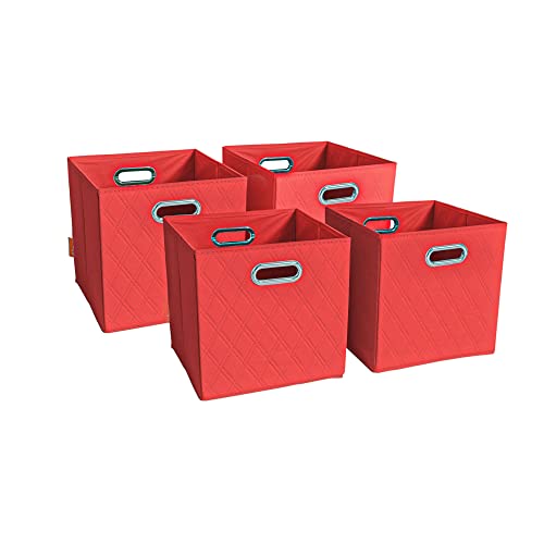 JIAessentials Large 13-inch Red Foldable Diamond Patterned Faux Leather Storage Cube Bins Set of Four with Handles with Dual Handles for living room, bedroom and office storage Red Large Size Large Size Collapsible Diamond Patterned Storage Cubes with Han