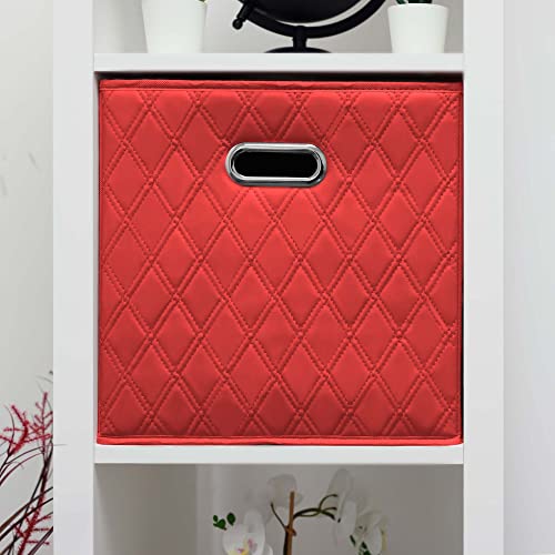 JIAessentials Large 13-inch Red Foldable Diamond Patterned Faux Leather Storage Cube Bins Set of Four with Handles with Dual Handles for living room, bedroom and office storage Red Large Size Large Size Collapsible Diamond Patterned Storage Cubes with Han