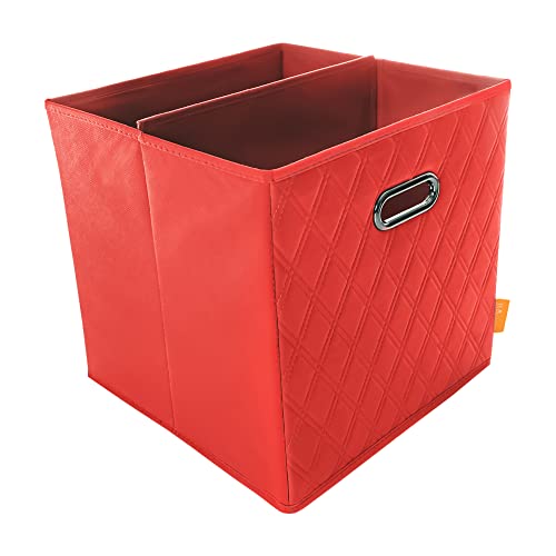 JIAessentials Large 13-inch Red Foldable Diamond Patterned Faux Leather Storage Cube Bins Set of Four with Handles with Dual Handles for living room, bedroom and office storage Red Large Size Large Size Collapsible Diamond Patterned Storage Cubes with Han