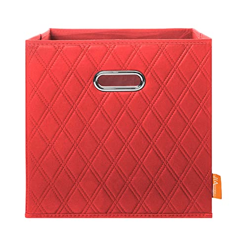 JIAessentials Large 13-inch Red Foldable Diamond Patterned Faux Leather Storage Cube Bins Set of Four with Handles with Dual Handles for living room, bedroom and office storage Red Large Size Large Size Collapsible Diamond Patterned Storage Cubes with Han