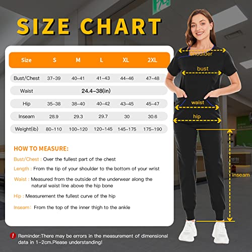 niaahinn Scrubs Sets for Women Nurse Scrub Uniform Top & Jogger Pant Clothes Stretchy Short Sleeved Suit Slanted V-Neck Design (Black,L,Large)