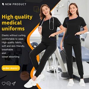 niaahinn Scrubs Sets for Women Nurse Scrub Uniform Top & Jogger Pant Clothes Stretchy Short Sleeved Suit Slanted V-Neck Design (Black,L,Large)