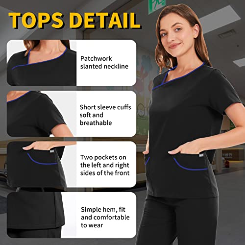 niaahinn Scrubs Sets for Women Nurse Scrub Uniform Top & Jogger Pant Clothes Stretchy Short Sleeved Suit Slanted V-Neck Design (Black,L,Large)