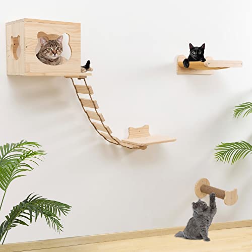 Cat Shelves and Perches Wall Mounted Indoor Cats Furniture Solid Wood Cat Wall House Set for Activity Climbers 5pcs/Set