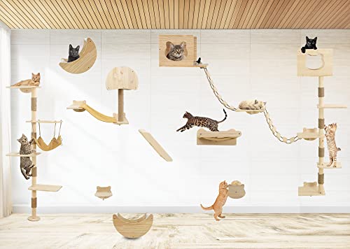 Cat Shelves and Perches Wall Mounted Indoor Cats Furniture Solid Wood Cat Wall House Set for Activity Climbers 5pcs/Set