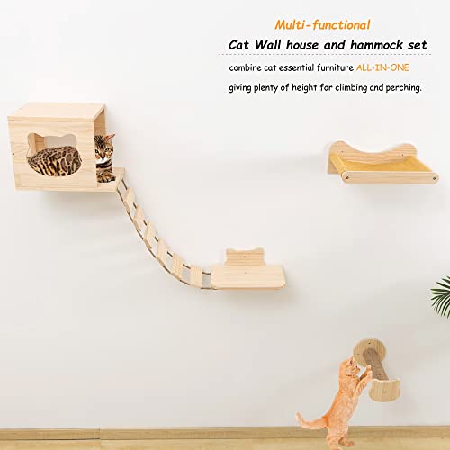 Cat Shelves and Perches Wall Mounted Indoor Cats Furniture Solid Wood Cat Wall House Set for Activity Climbers 5pcs/Set