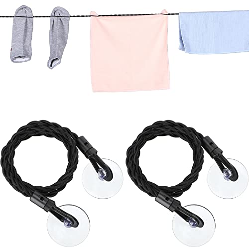 2 Pieces Travel Clothesline Portable Retractable Clothesline with Hooks and Suction Cups Camping Accessories Cruise Essentials for Outdoor and Indoor Use (Black)