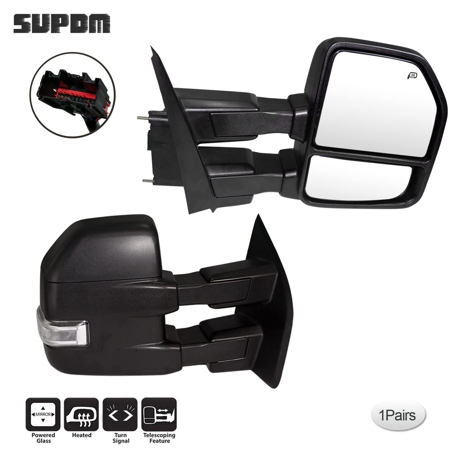 SUPDM Pair Towing Mirrors fit for 2015 2016 2017 2018 2019 Ford F150 Pickup Truck Side Power Heated Towing Mirrors with Turn Signal, Auxiliary Lamp Black Housing