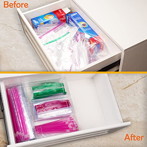 Aphbrada Acrylic Ziplock Bag Storage Organizer for Kitchen Drawer, Food Storage Bag Organizer Holders Compatible with Ziploc, Glad, Hefty, Gallon, Quart, Sandwich & Snack Variety Size Bag (Clear)