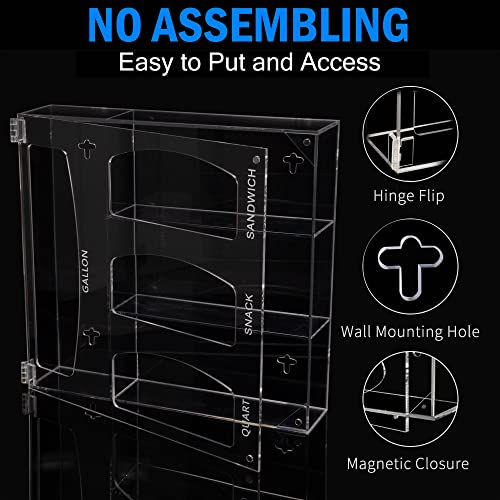 Aphbrada Ziplock Bag Organizer for Drawer, Acrylic Baggie Bags Organizer Plastic Bags Dispenser Holder for Gallon Quart Sandwich & Snack, Compatible with Ziploc, Glad, Hefty Variety Size Bag, Clear