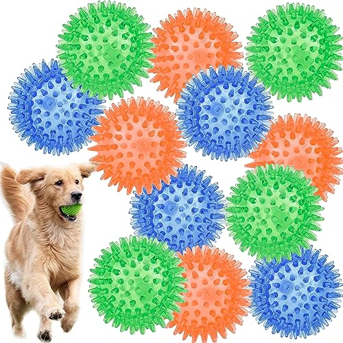 LECHONG 12pack Squeaky Dog Toys Spiky Dog Balls Cleans Teeth and Promotes Dental and Gum Health for Your Pet Squeaker Ball Toys for Aggressive Chewers (S 12PACK)