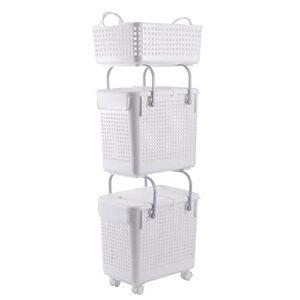 hanamya 3 pieces of laundry hampers basket, with lid and wheels, modern hollow-carved design, white