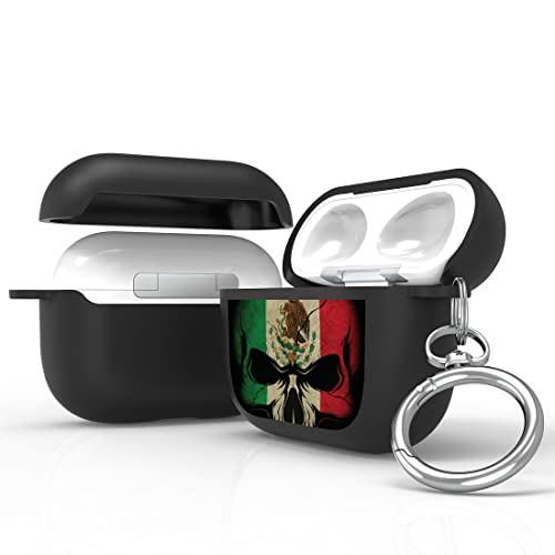 Hybrid Silicone Protective Case Compatible with AirPods 3, AirPods 3rd Generation 2021 with Keychain Slim Two Piece Snaps On Case Black Mexican Flag Skull