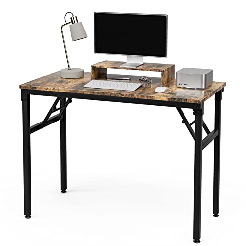 RISWER Computer Desk with Monitor Riser Folding Table Home Office Writing Study Desk 39” Width 19” Depth with Industrial Style Small Table Metal Frame Rustic Brown