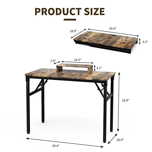 RISWER Computer Desk with Monitor Riser Folding Table Home Office Writing Study Desk 39” Width 19” Depth with Industrial Style Small Table Metal Frame Rustic Brown