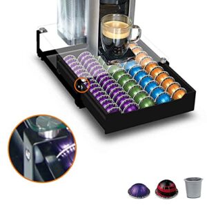 blacksmith family patented crystal tempered glass vertuo pods drawer holder with smooth gliding system, compatible for 50 nespresso big vertuo pods or 75 small pods, black