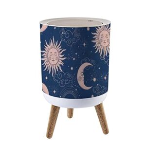 kcdcyczeal small trash can with lid seamless cosmic sun and crescent moon vintage for astrology round recycle bin top dog proof wastebasket kitchen bathroom bedroom office 7l/1.8 gallon multicolor