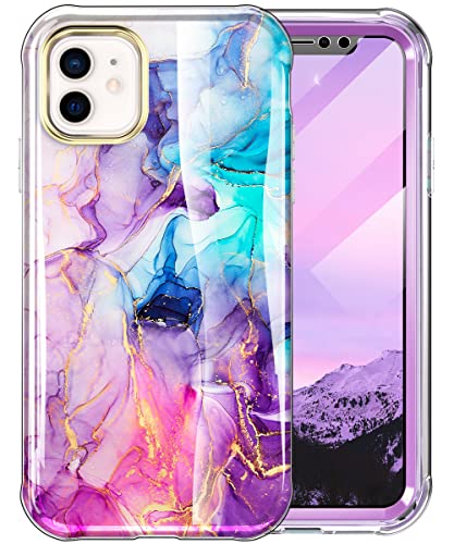 Hocase for iPhone 11 Case, (with Screen Protector) Shockproof Slim Lightweight Soft TPU+Hard PC Full Body Protective Case for iPhone 11 (6.1" Display) 2019 - Watercolor Marble