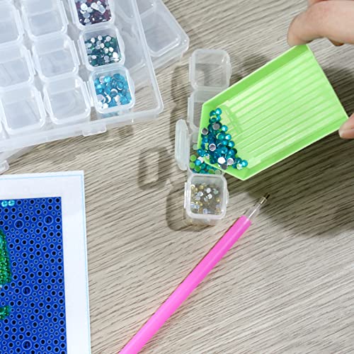 Diamond Painting Boxes, 2 Pcs 28 Slots Storage Containers for Diamond Arts Crafts Accessories Tools with Label Sticker, Portable DIY Nail Bead Organizer, Transparent Plastic