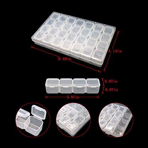 Diamond Painting Boxes, 2 Pcs 28 Slots Storage Containers for Diamond Arts Crafts Accessories Tools with Label Sticker, Portable DIY Nail Bead Organizer, Transparent Plastic