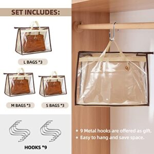 9 Pack Handbag Storage Organizer Purse Clear Dust Cover Bag for Closet with Zipper and Handle, 3 Sizes