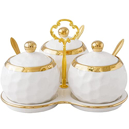 Buric Porcelain Condiment Jar, 3pcs Spice Container Set with Spoon and Tray for Sugar Bowl Serving Tea, Coffee, Spice (White)