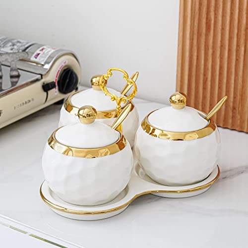 Buric Porcelain Condiment Jar, 3pcs Spice Container Set with Spoon and Tray for Sugar Bowl Serving Tea, Coffee, Spice (White)