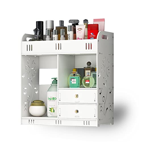 feejee Freestanding Compact Cosmetic Storage Shelf for Dressing Table, 4 Tier Small Bathroom Wall-Mounted Storage Organizer Tray with 2 Drawers, Makeup Organizer Holder for Toiletries, Bath