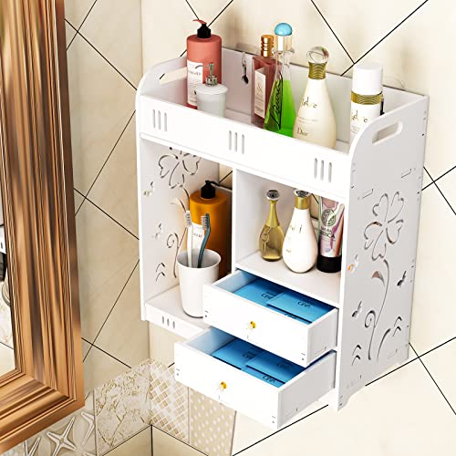 feejee Freestanding Compact Cosmetic Storage Shelf for Dressing Table, 4 Tier Small Bathroom Wall-Mounted Storage Organizer Tray with 2 Drawers, Makeup Organizer Holder for Toiletries, Bath