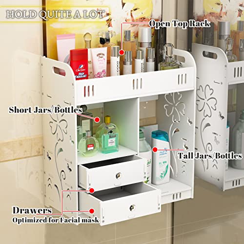 feejee Freestanding Compact Cosmetic Storage Shelf for Dressing Table, 4 Tier Small Bathroom Wall-Mounted Storage Organizer Tray with 2 Drawers, Makeup Organizer Holder for Toiletries, Bath