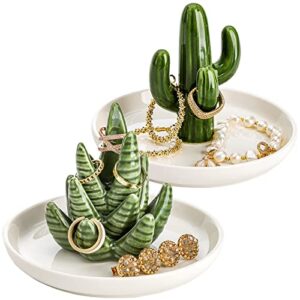 elsjoy set of 2 aloe and cactus ring holder dish, ceramic plant jewelry dish bracelet earrings necklace organizer tray, decorative succulent trinket dish for wedding, birthday gifts, home decor