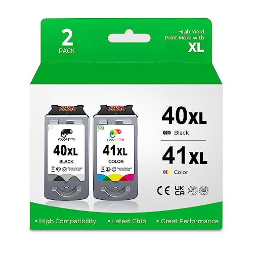 COLORETTO Remanufactured Ink Cartridge Replacement for Canon PG-40XL CL-41XL 40 XL 41 XL(1 Black,1 Color) to use with MP140 iP2500 MP470 MP150 MP190 MP160 iP2600 iP1800 MP210 iP1700 MX300 Printer