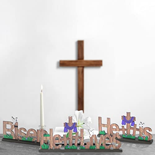 3 Pcs Easter Religious He is Risen Tabletop Decorations,Wooden Rustic Jesus Cross He is Risen He Lives Sign Inspirational Table Centerpiece for Easter Religious Party Dinner Coffee Bar Tabletop Decor