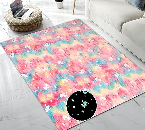 QH Rainbow Unicorn Pattern Glow in The Dark Area Rug Area Rug for Living Room Bedroom Playing Room 5'x6'