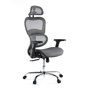 Ergonomic Chair, High Back Executive Style, Modern Office Chair with Lumbar Support, Breathable Mesh Covering, Fully Adjustable Armrests, Height and Headrest, Grey