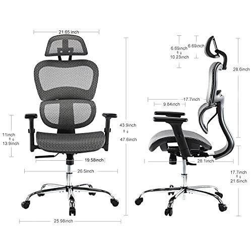 Ergonomic Chair, High Back Executive Style, Modern Office Chair with Lumbar Support, Breathable Mesh Covering, Fully Adjustable Armrests, Height and Headrest, Grey