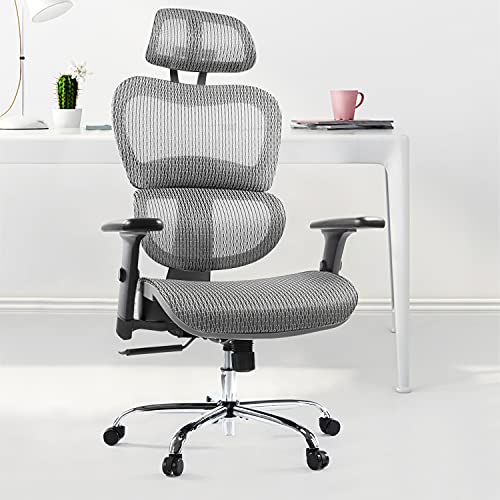 Ergonomic Chair, High Back Executive Style, Modern Office Chair with Lumbar Support, Breathable Mesh Covering, Fully Adjustable Armrests, Height and Headrest, Grey