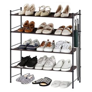 smusei Shoe Rack for Entryway 4 Tier Freestanding Adjustable Expandable Sturdy Closet Fabric Shoe Rack Storage Organizer with 2 Metal Hooks for Home, Dorm, Hallway, Bronze