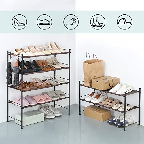 smusei Shoe Rack for Entryway 4 Tier Freestanding Adjustable Expandable Sturdy Closet Fabric Shoe Rack Storage Organizer with 2 Metal Hooks for Home, Dorm, Hallway, Bronze