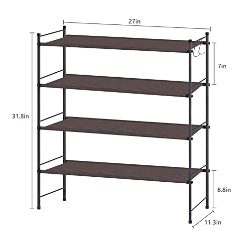 smusei Shoe Rack for Entryway 4 Tier Freestanding Adjustable Expandable Sturdy Closet Fabric Shoe Rack Storage Organizer with 2 Metal Hooks for Home, Dorm, Hallway, Bronze