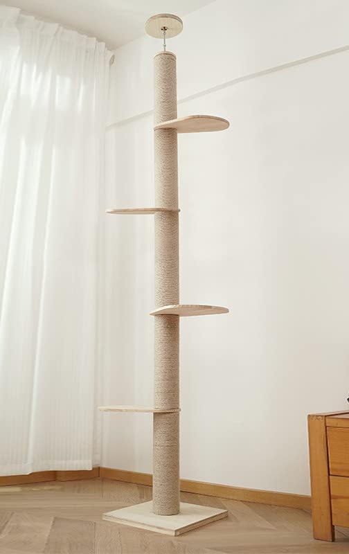 Modern Cat Tree Wooden Floor-to-Ceiling Cat Tree Tower, with Natural Sisal Rope Scratching Post, Height 92.5-106.5Inch,Cat Tree Activity Center Cat Climbing Tower for Kittens & Large Cats