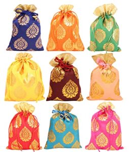 touchstone drawstring bags traditional indian handcrafted in ficus leaf pattern brocade fabric. perfect for gifts jewelry weddings sweet distribution set of 9 vibrant multicolor pouches purses potli.