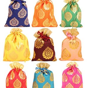 Touchstone Drawstring Bags Traditional Indian Handcrafted in Ficus Leaf Pattern Brocade Fabric. Perfect for Gifts Jewelry Weddings Sweet Distribution Set of 9 Vibrant Multicolor Pouches Purses Potli.