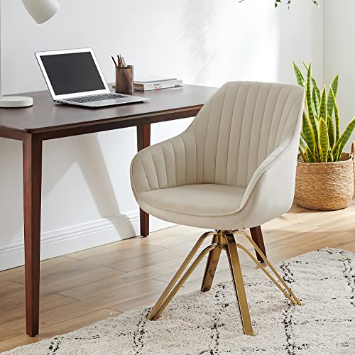 Volans Mid Century Modern Desk Chair No Wheels, Upholstered Swivel Accent Chair with Hollow Brushed Gold Plated Legs Office Chair for Home Office Bedroom, Beige Off White