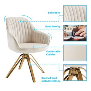 Volans Mid Century Modern Desk Chair No Wheels, Upholstered Swivel Accent Chair with Hollow Brushed Gold Plated Legs Office Chair for Home Office Bedroom, Beige Off White