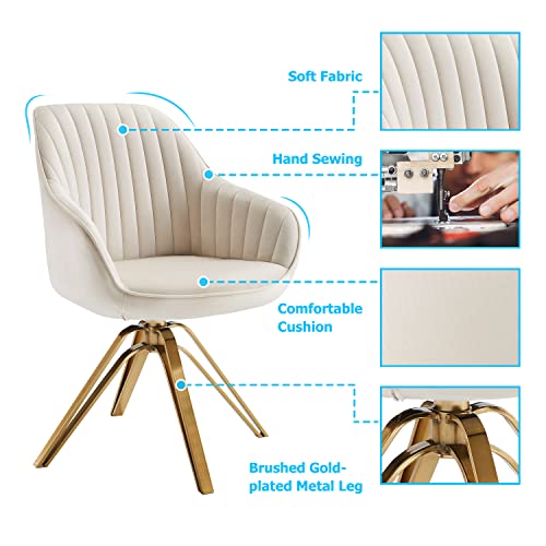 Volans Mid Century Modern Desk Chair No Wheels, Upholstered Swivel Accent Chair with Hollow Brushed Gold Plated Legs Office Chair for Home Office Bedroom, Beige Off White