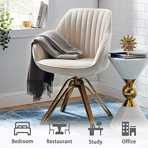 Volans Mid Century Modern Desk Chair No Wheels, Upholstered Swivel Accent Chair with Hollow Brushed Gold Plated Legs Office Chair for Home Office Bedroom, Beige Off White