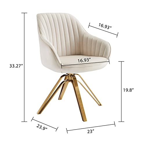 Volans Mid Century Modern Desk Chair No Wheels, Upholstered Swivel Accent Chair with Hollow Brushed Gold Plated Legs Office Chair for Home Office Bedroom, Beige Off White