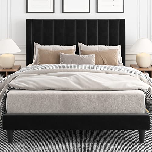 IMUsee Queen Size Velvet Upholstered Tufted Platform Bed Frame with headboard, Strong Wooden Slats, Box Spring Optional, Mattress Foundation, Easy Assembly, Black