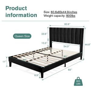 IMUsee Queen Size Velvet Upholstered Tufted Platform Bed Frame with headboard, Strong Wooden Slats, Box Spring Optional, Mattress Foundation, Easy Assembly, Black